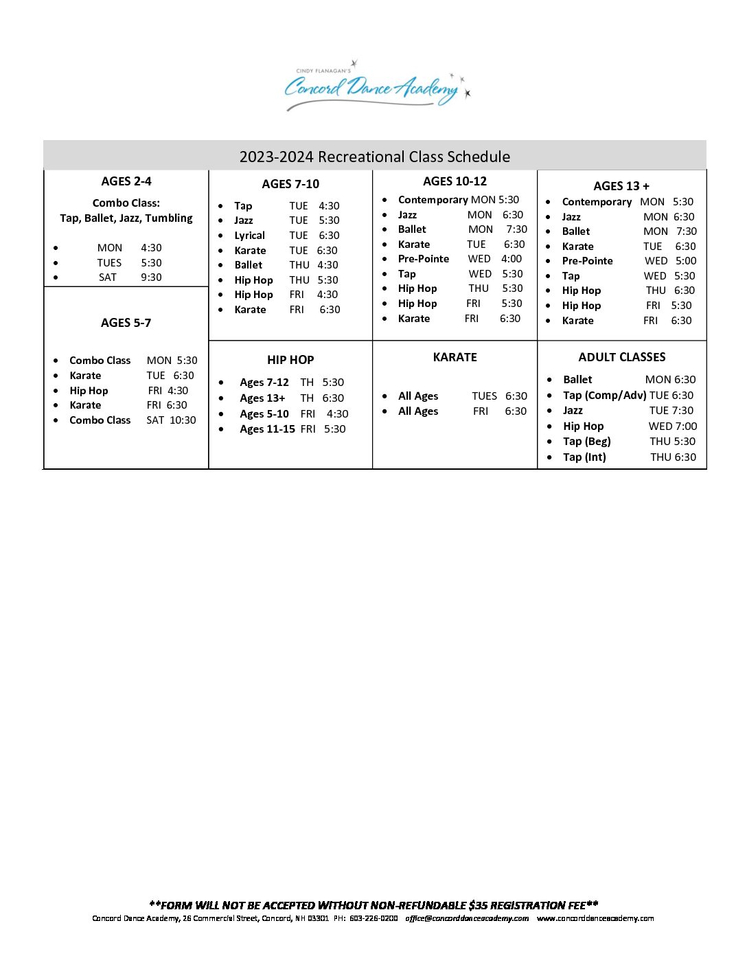 2023-2024 Recreational Class Schedule - Concord Dance Academy