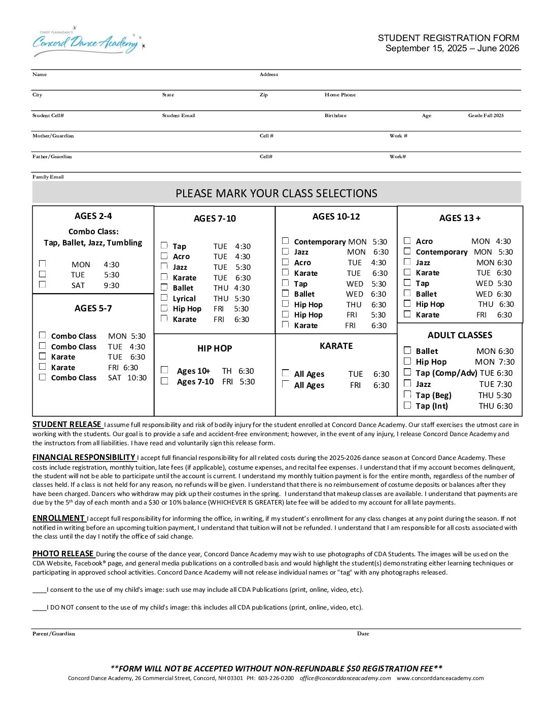 2025-2026 registration form - Concord Dance Academy