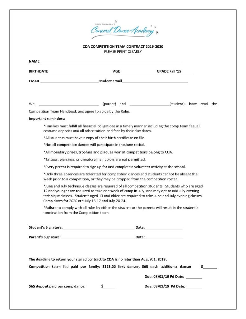 CDA COMPETITION TEAM CONTRACT 2019-2020 - Concord Dance Academy