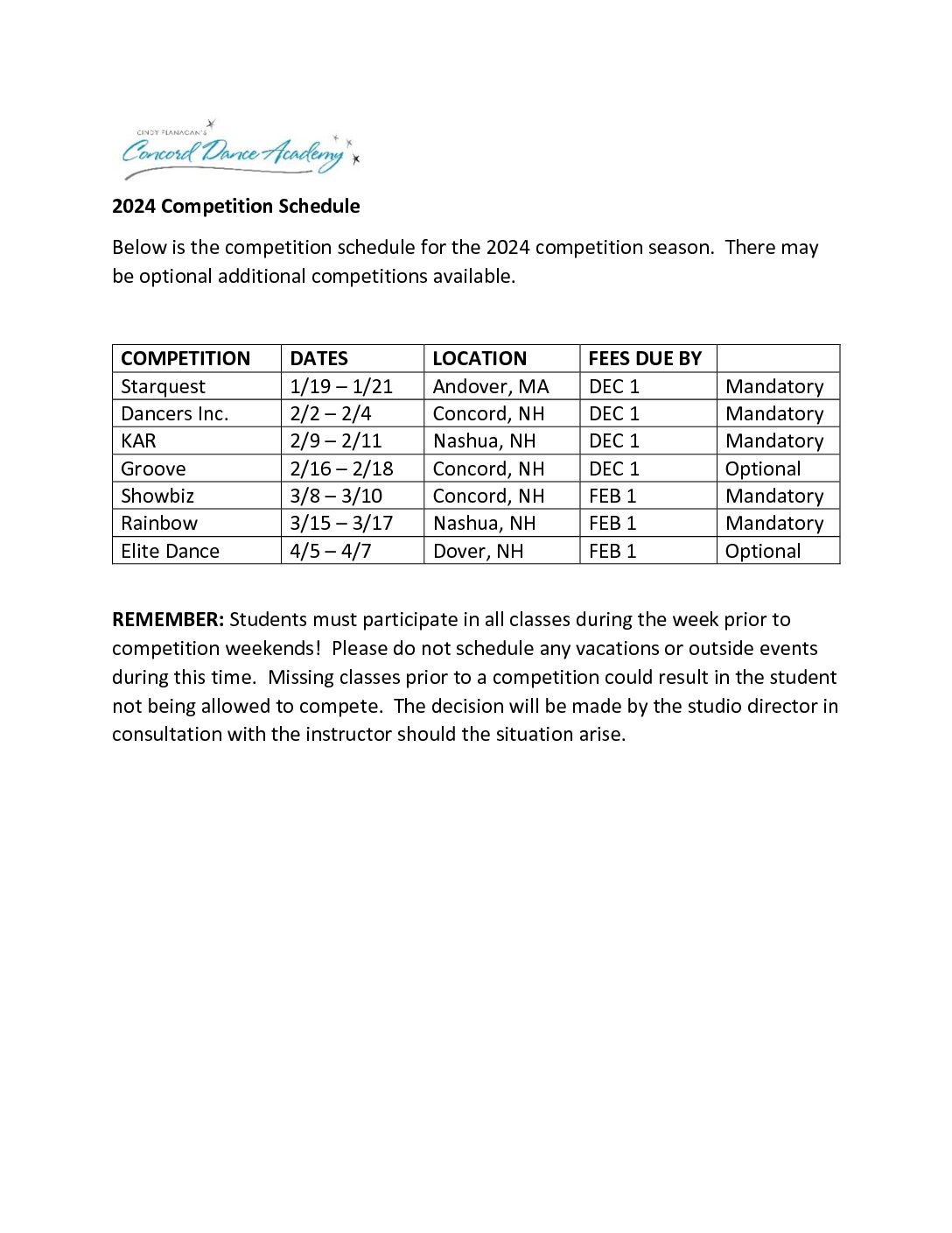 Comp Schedule 2024 - Concord Dance Academy