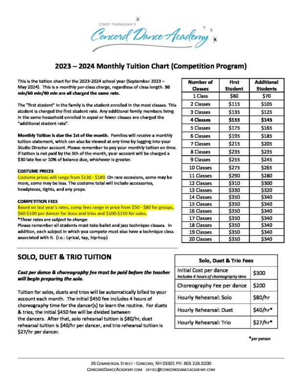 Tuition Chart - Competition Team 2023-2024 - Concord Dance Academy