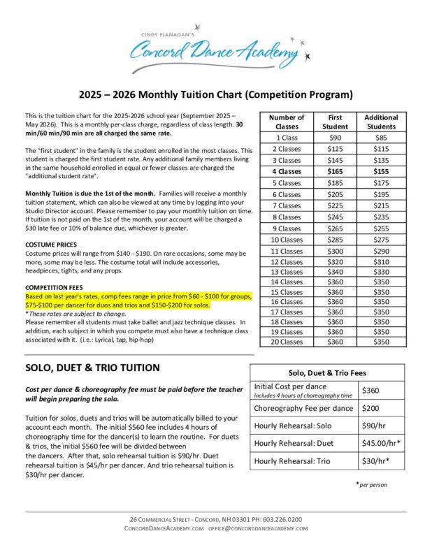 Tuition Chart - Competition Team 2025-2026 - Concord Dance Academy