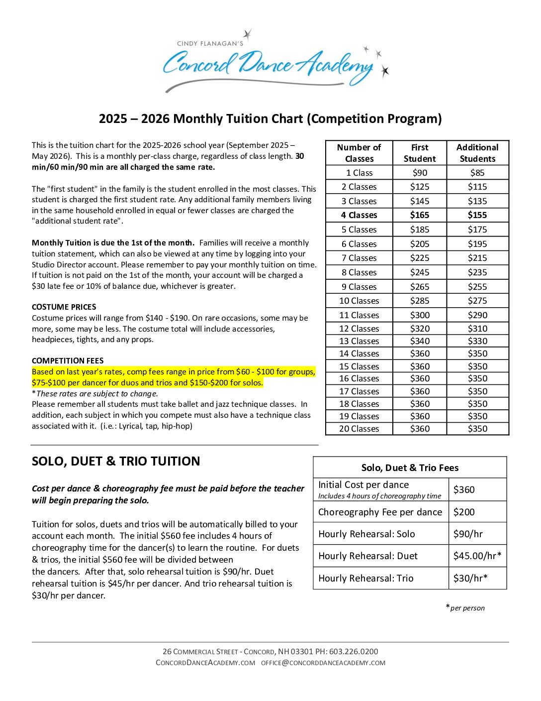 Tuition Chart - Competition Team 2025-2026 - Concord Dance Academy
