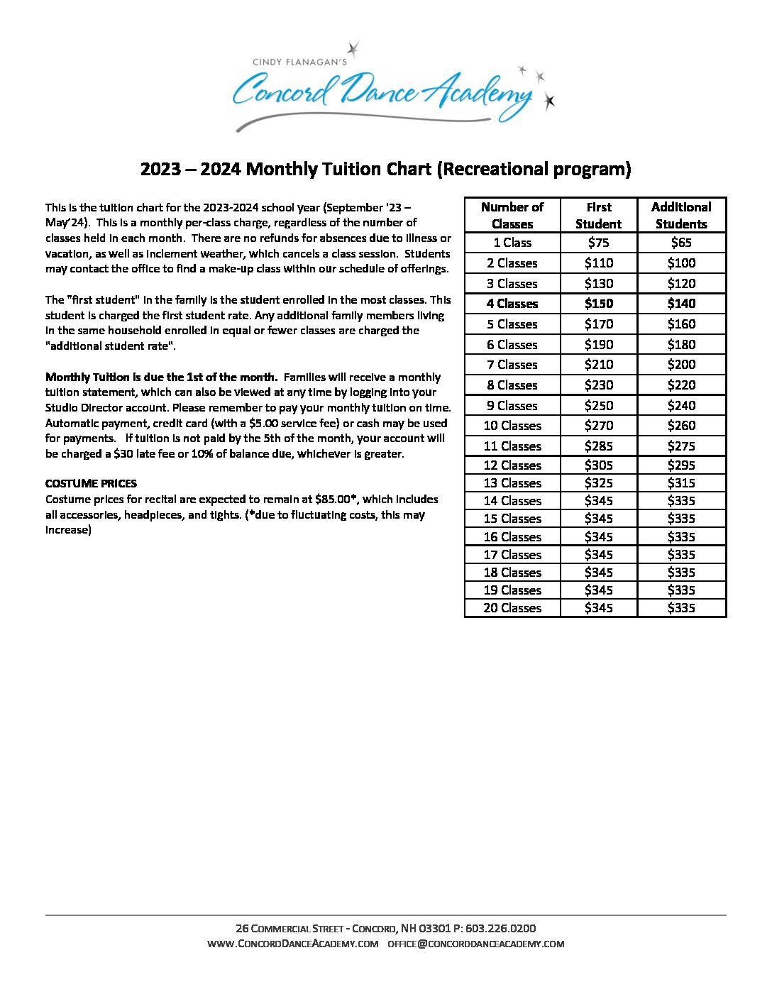 Tuition Chart - Rec Program 2023-2024 - Concord Dance Academy